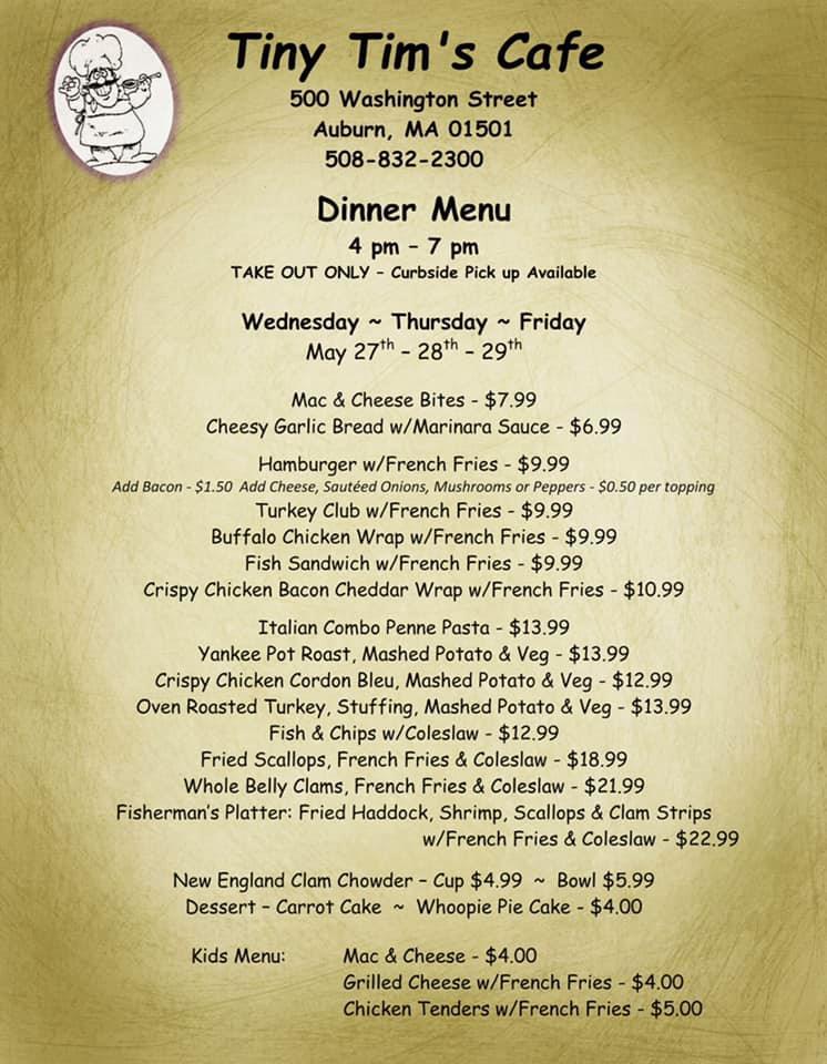 Menu at Tiny Tims Cafe, Auburn, 500 Washington St