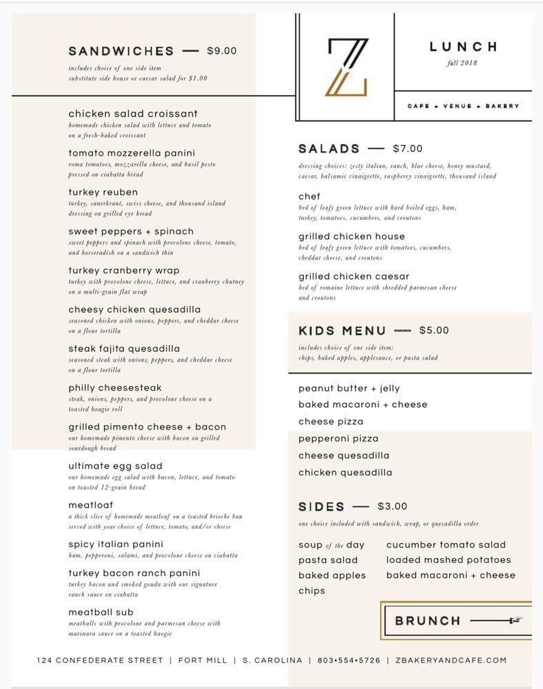 Menu at Z Bakery and Cafe, Fort Mill