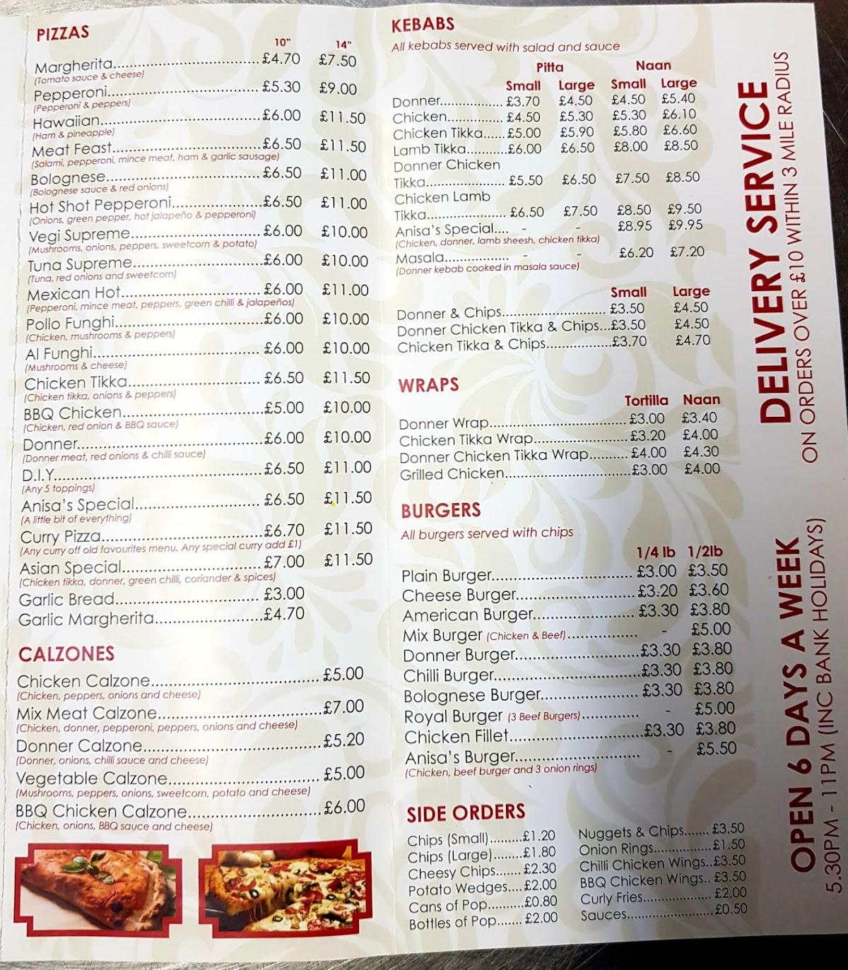 Menu at Anisa's Takeaway restaurant, Normanton