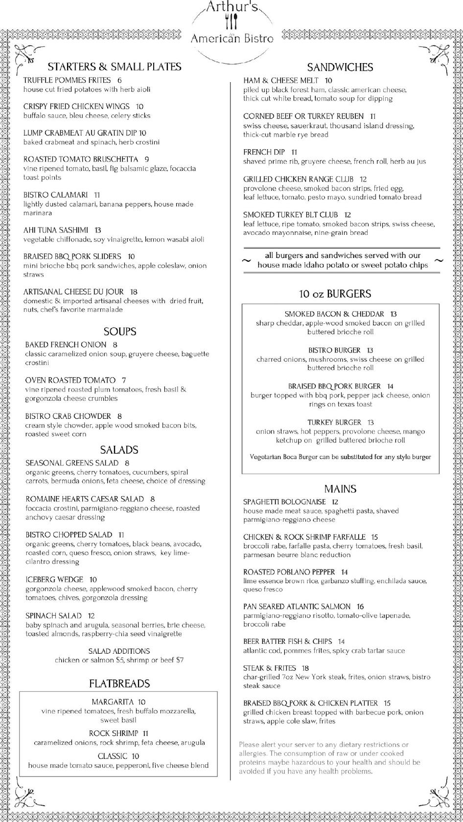 Menu at Arthur's An American Bistro pub & bar, Ocala