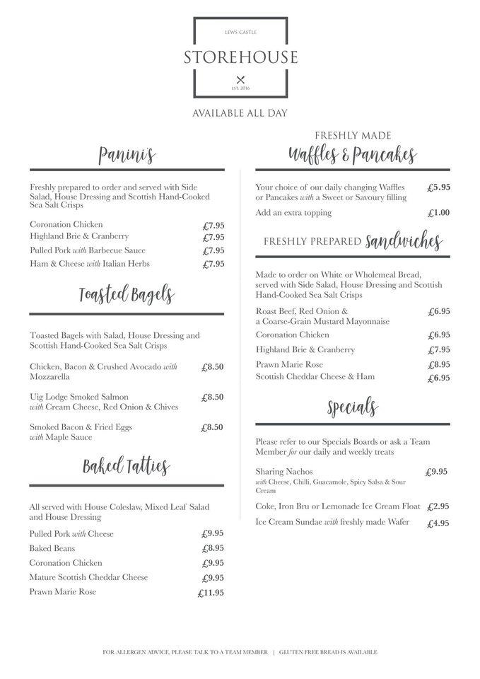 Menu at Lews Castle cafe, Stornoway