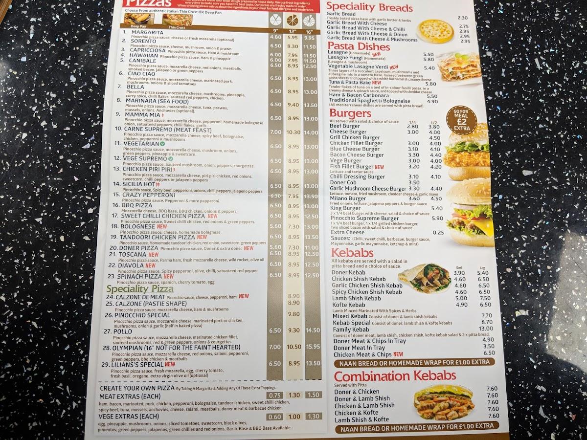Menu at Pinocchio Pizzas pizzeria, Atherstone