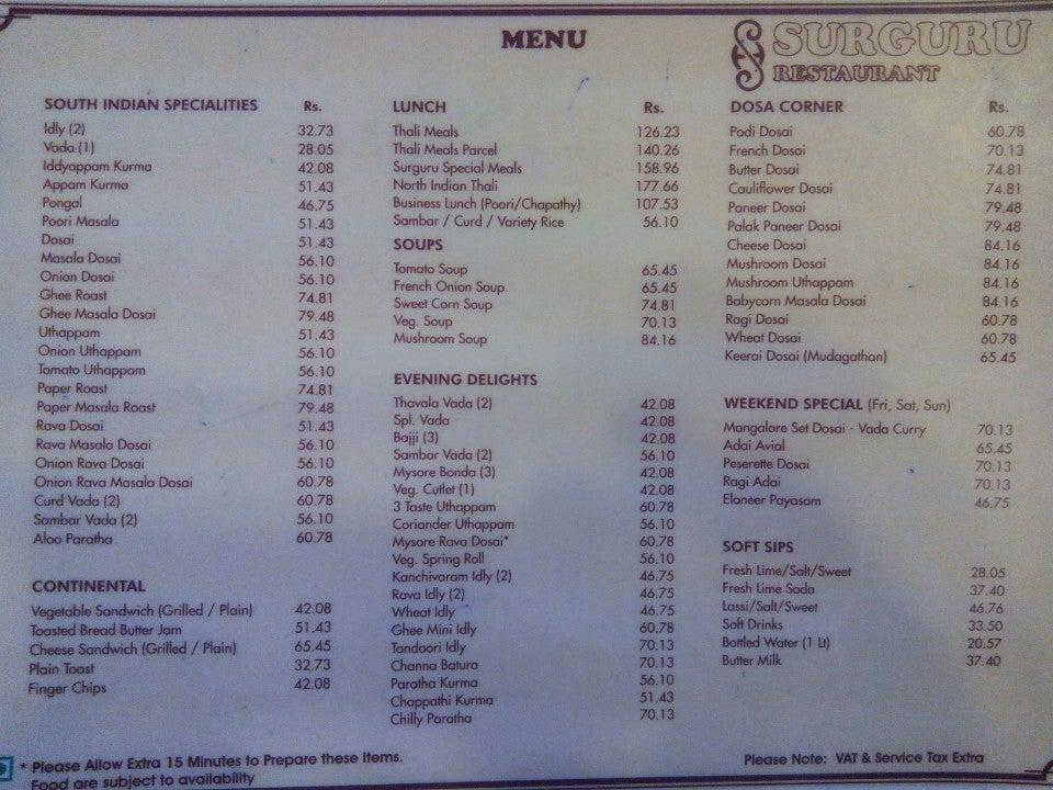 Menu at Surguru Restaurant, Puducherry, Mission St
