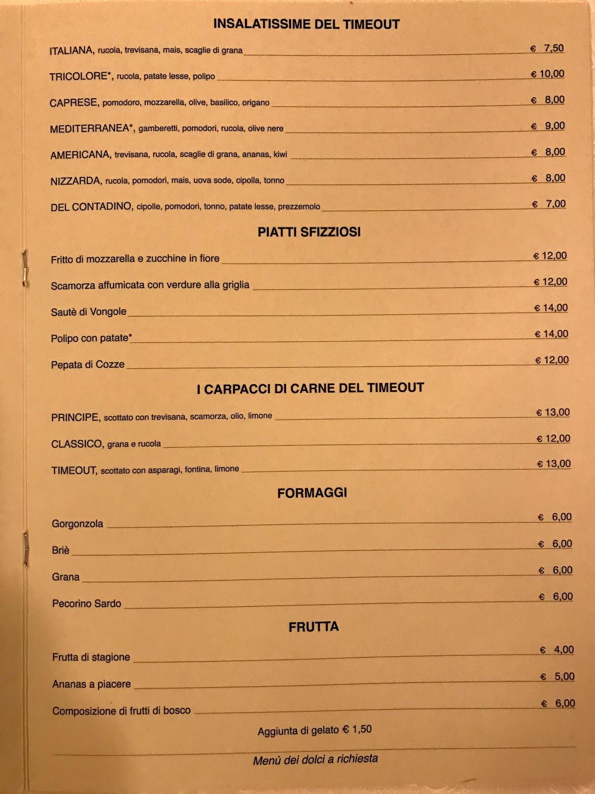 Menu at Time Out Isola restaurant, Milan
