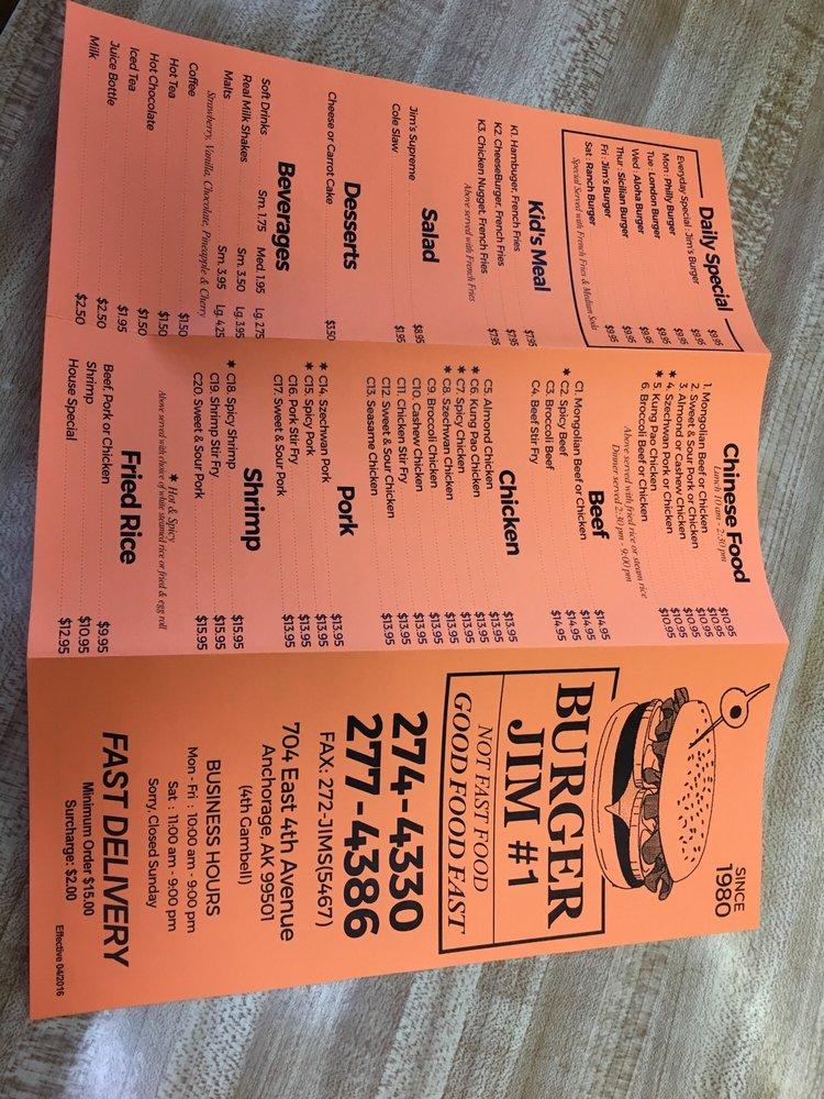 Menu at Burger Jim restaurant, Anchorage, 704 E 4th Ave