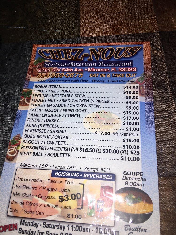 Menu at Chez Nous American Haitian restaurant, Miramar