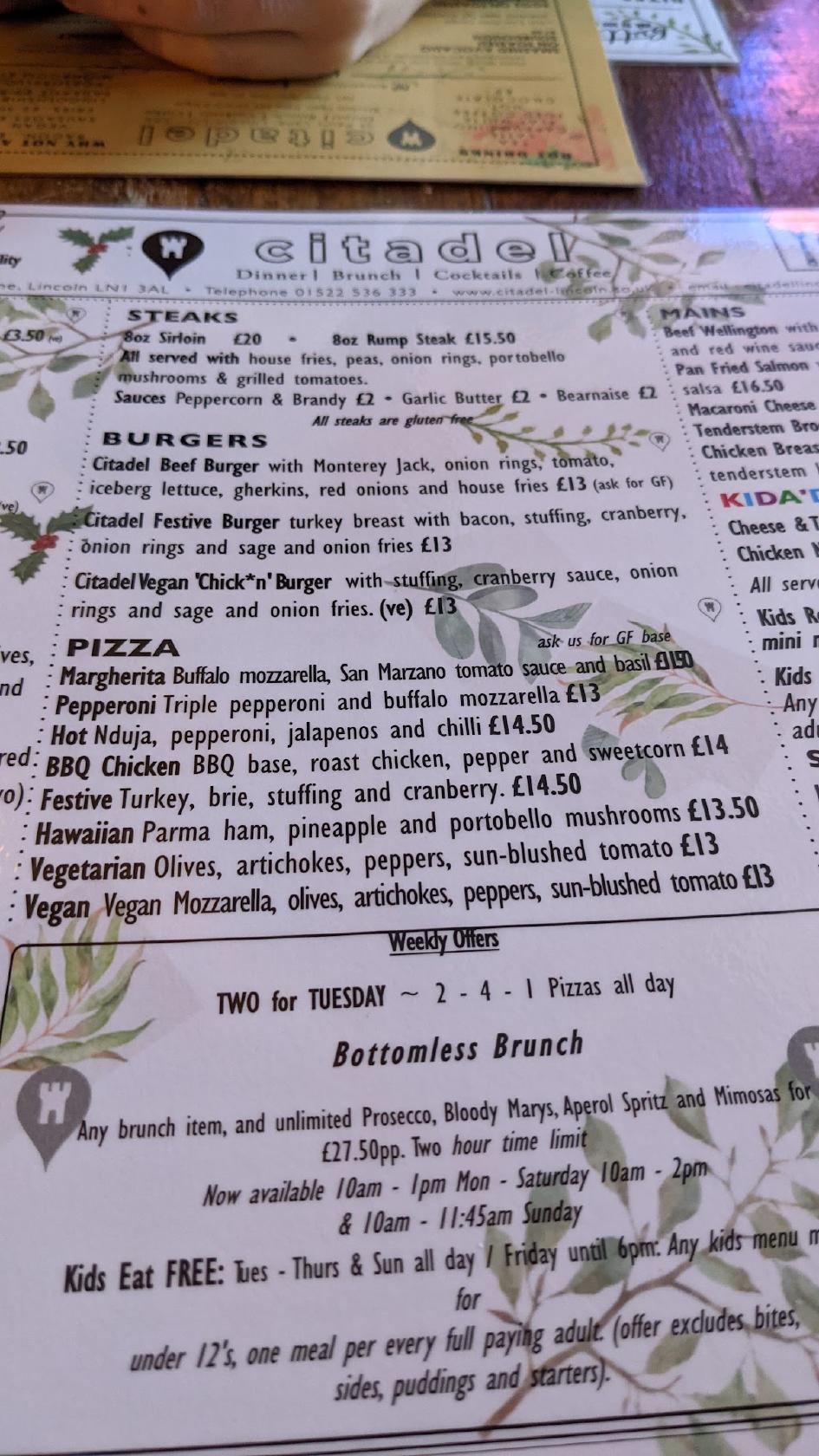 Menu at Citadel restaurant, Lincoln