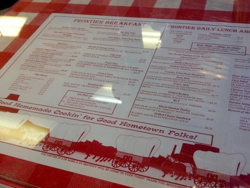 Menu at Frontier Cafe, Louisville