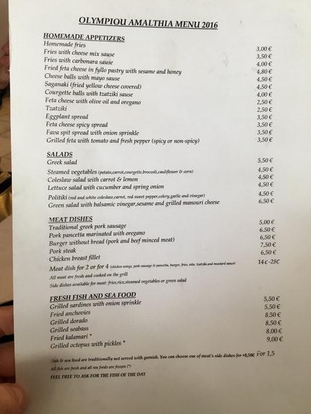 Menu at Olympia Amalthea, Athens