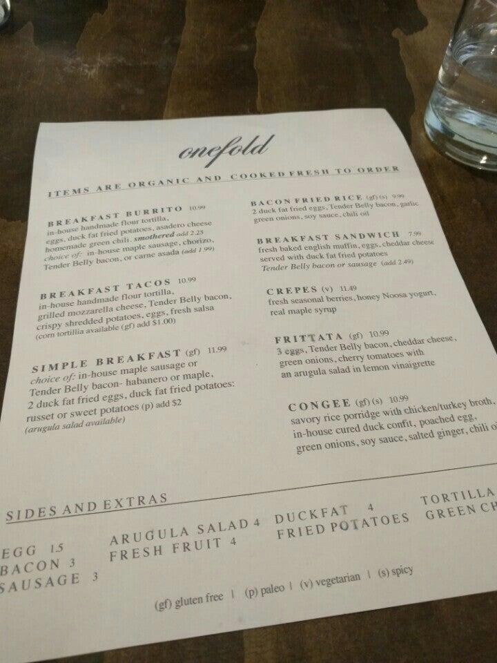 Menu at Onefold cafe, Denver, E 18th Ave