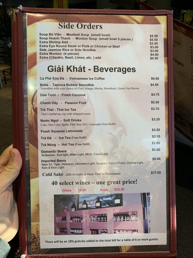 Menu at Pho DaLat restaurant, Tempe