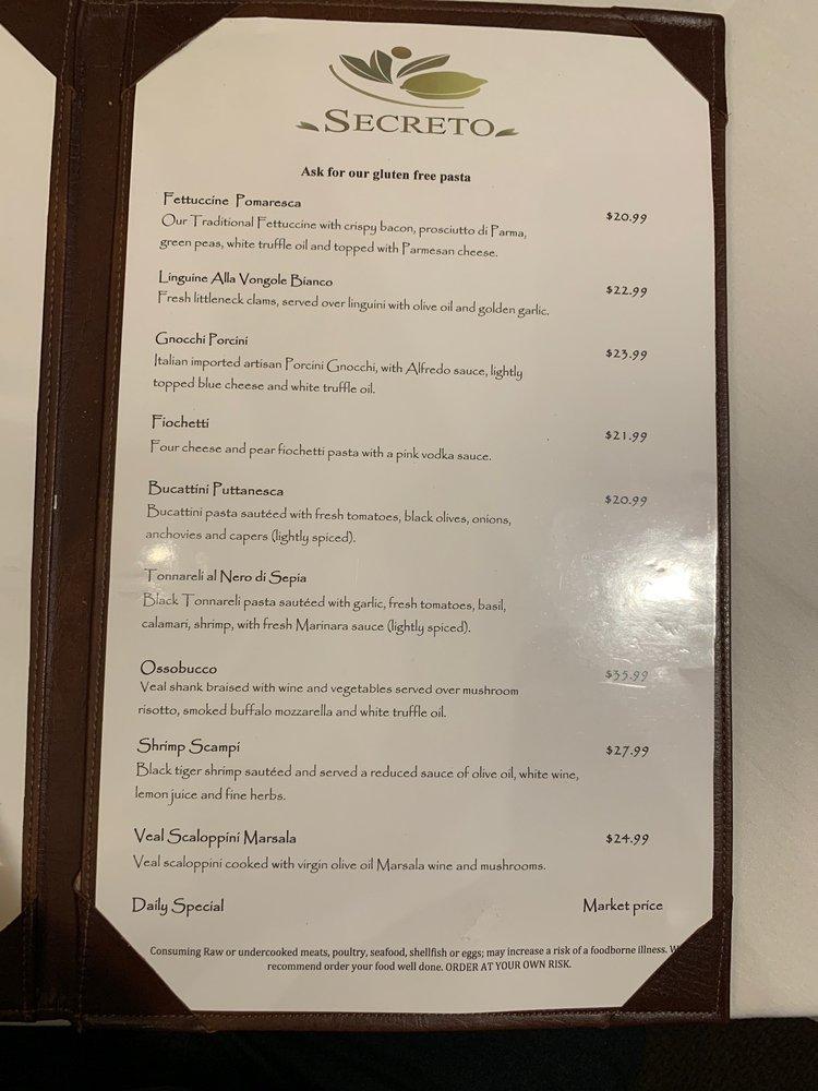 Menu at Secreto restaurant, Miami