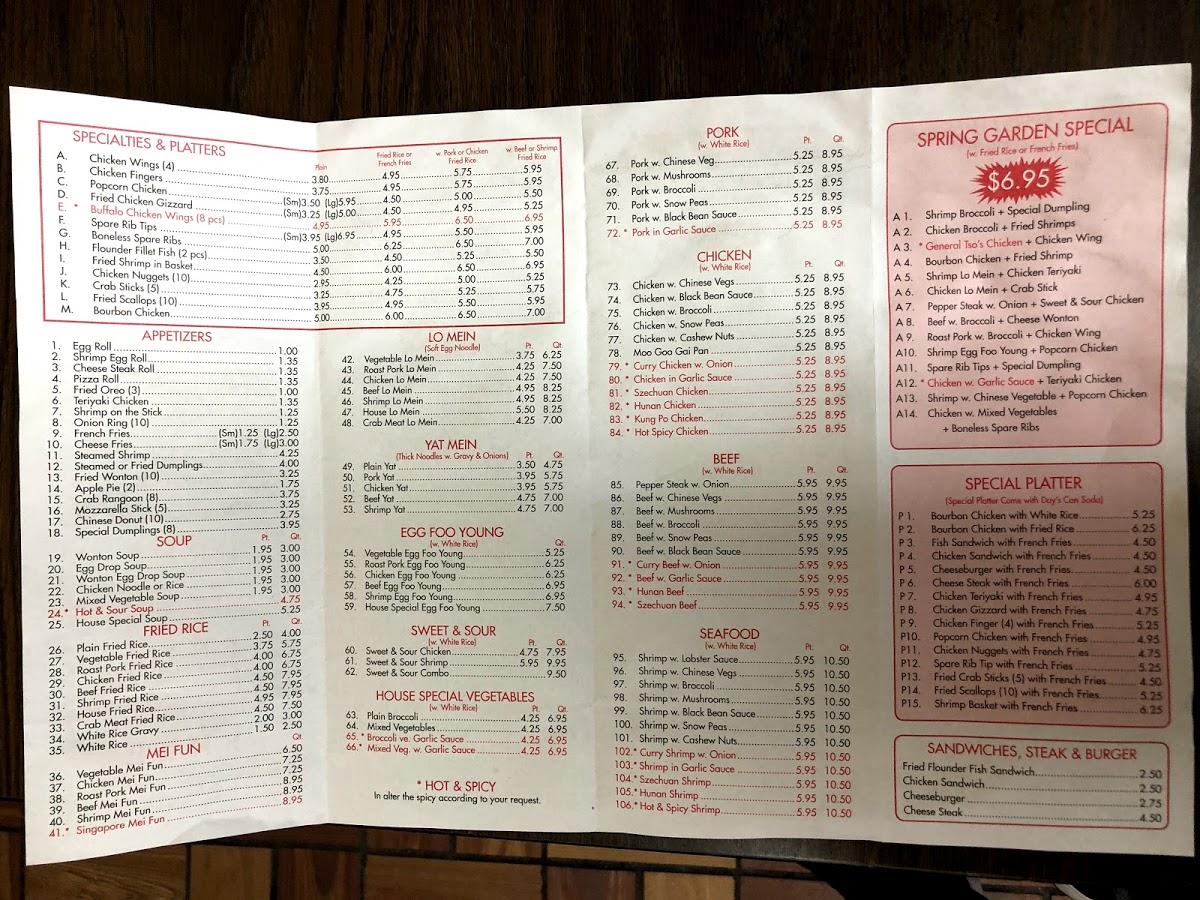 Menu at Spring Garden restaurant, Philadelphia, 144 S 57th St