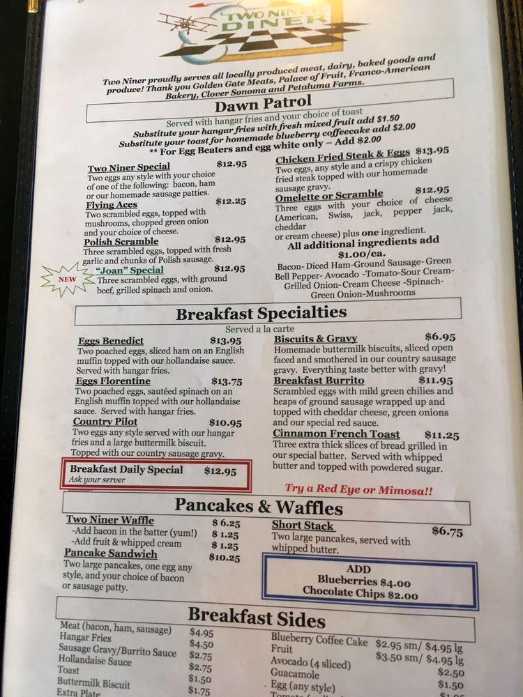 Menu at Two Niner Diner restaurant, Petaluma, 561 Sky Ranch Dr