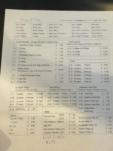 Menu at Wings 'N' Rice restaurant, Bossier City