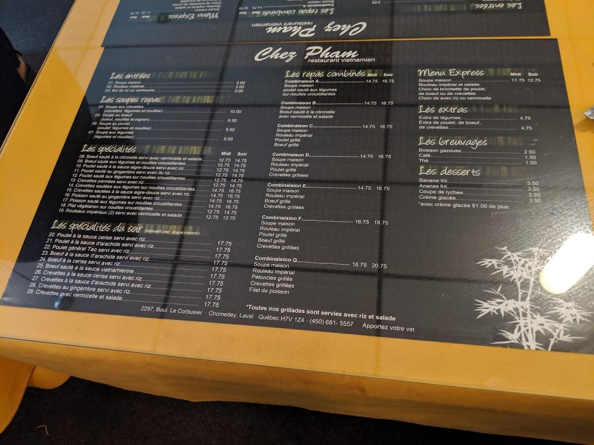 Menu au Chez Pham restaurant, Laval