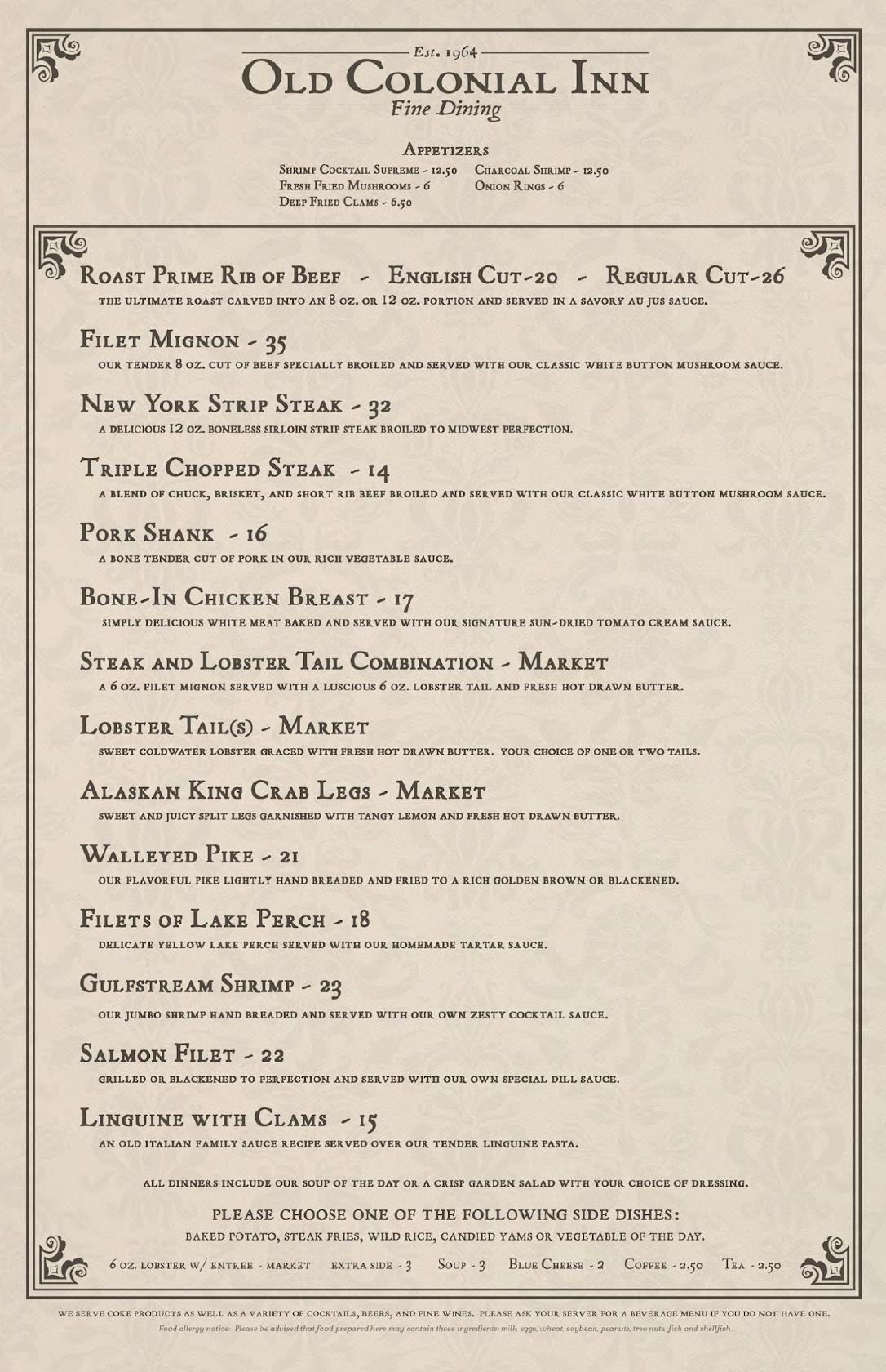 Menu at Old Colonial Inn steakhouse, Kentland