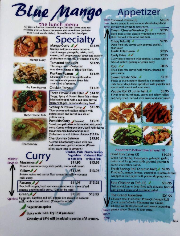 Menu at Blue Mango restaurant, San Jose, 635 Coleman Ave