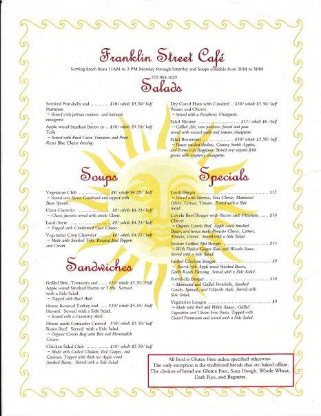 Menu at Franklin Street Cafe, Fort Bragg