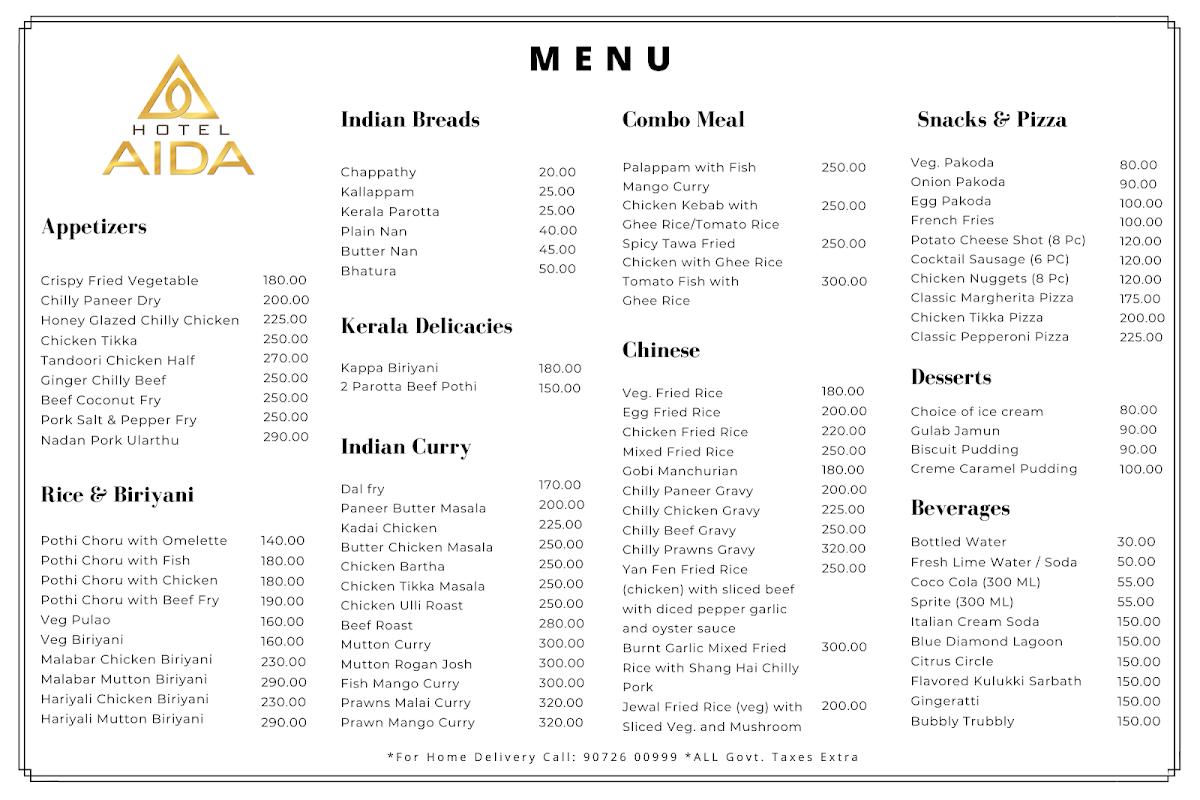 Menu at Hotel Aida, Kottayam, Aida Junction