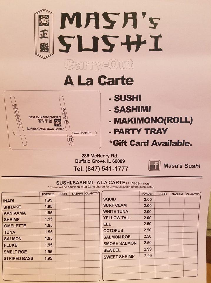 Menu at Masa's Sushi restaurant, Buffalo Grove