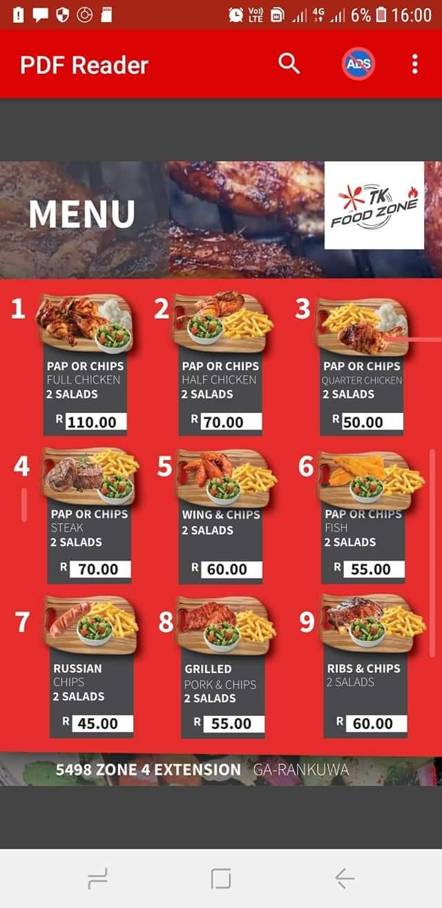 Menu at TK Food Zone cafe, Ga-Rankuwa, Matshidiso St