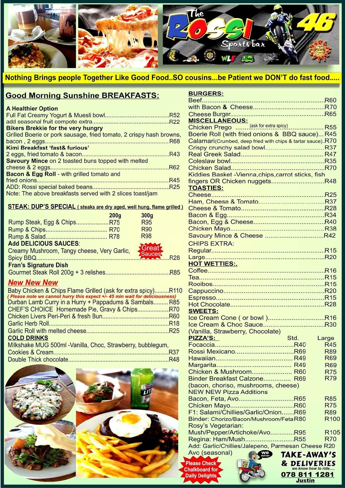 Menu at The Bikers Race Bar, Vanderbijlpark
