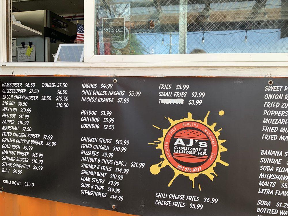 Menu at AJ's Gourmet Burgers restaurant, Ketchikan