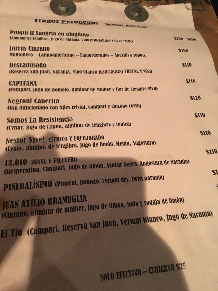 Menu at Perón Perón RestoBar, Buenos Aires