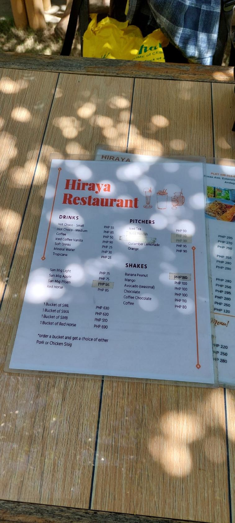 Menu at Hiraya Restaurant, Kalibo