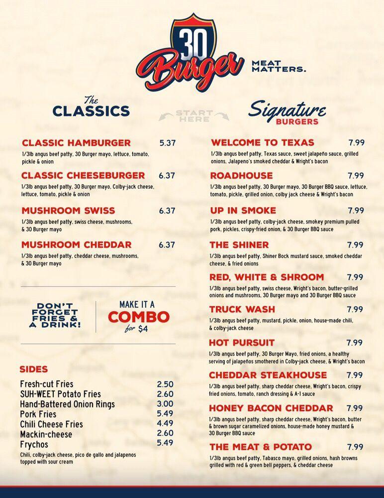Menu at 30 Burger pub & bar, Texarkana, Texas Blvd
