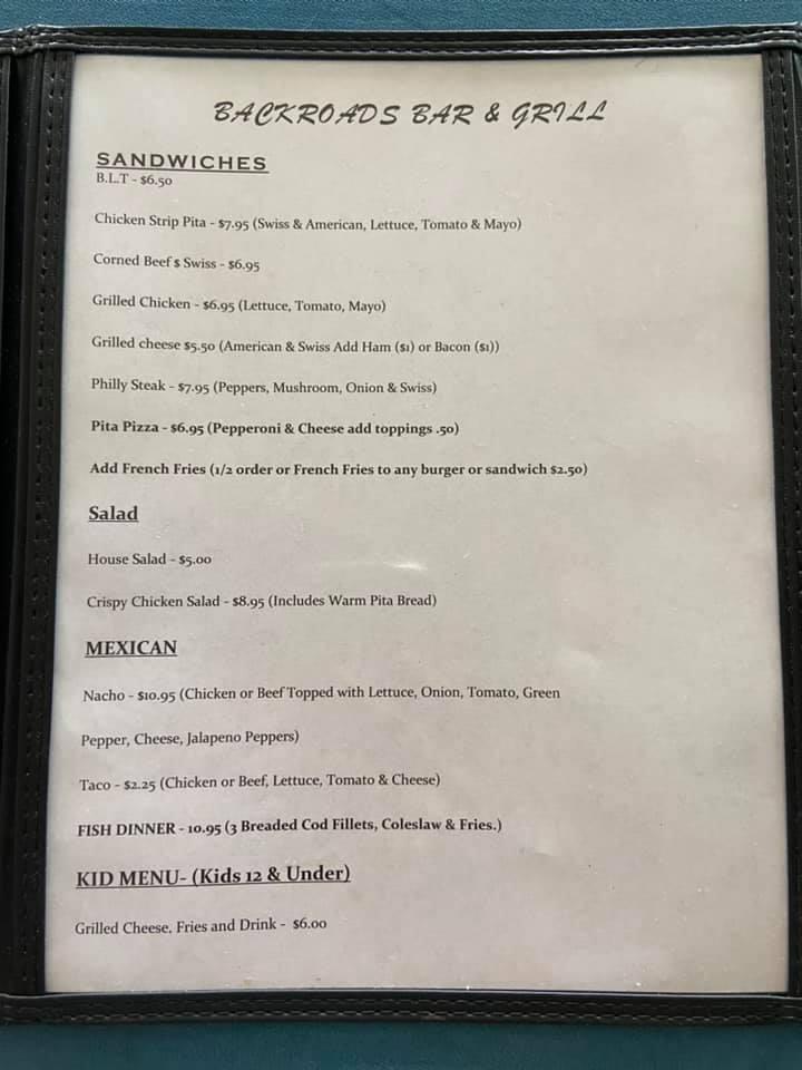 Menu at Backroads Bar And Grill, Holly