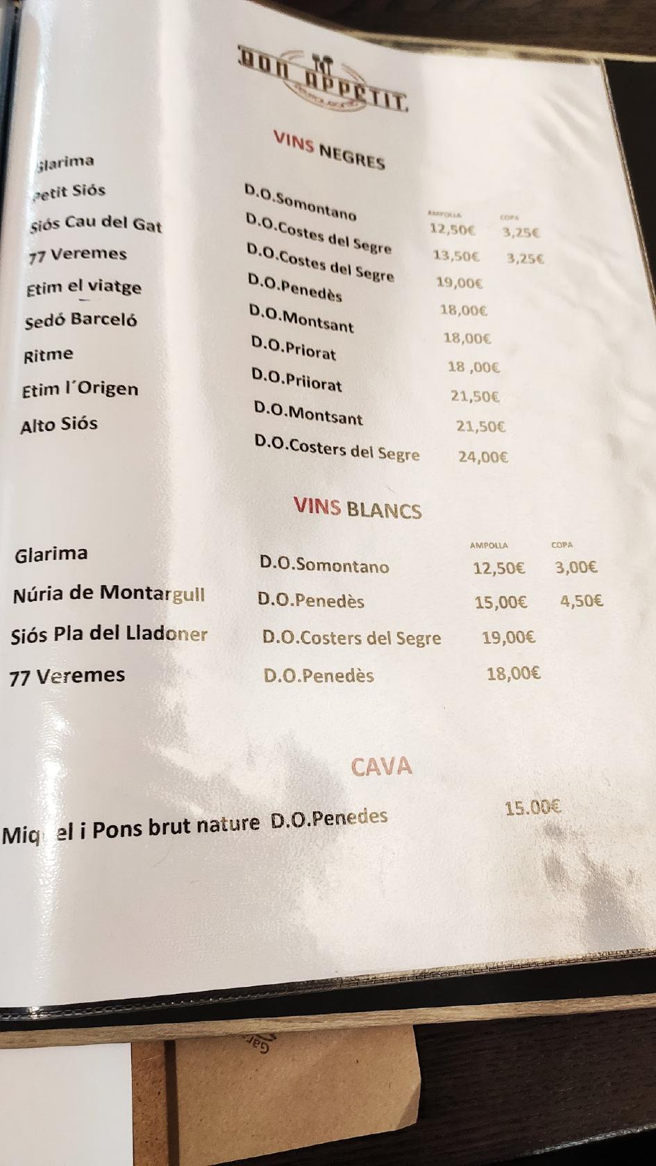 Menu at Bon Appétit restaurant, Puigcerdà