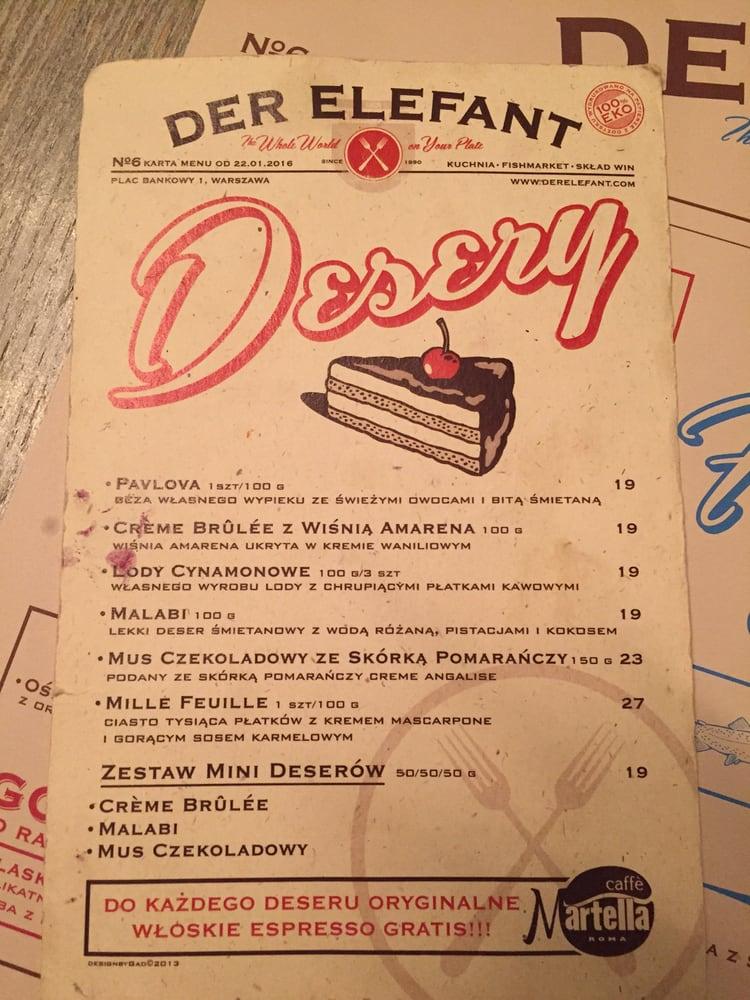 Menu at Der Elefant pub & bar, Warsaw