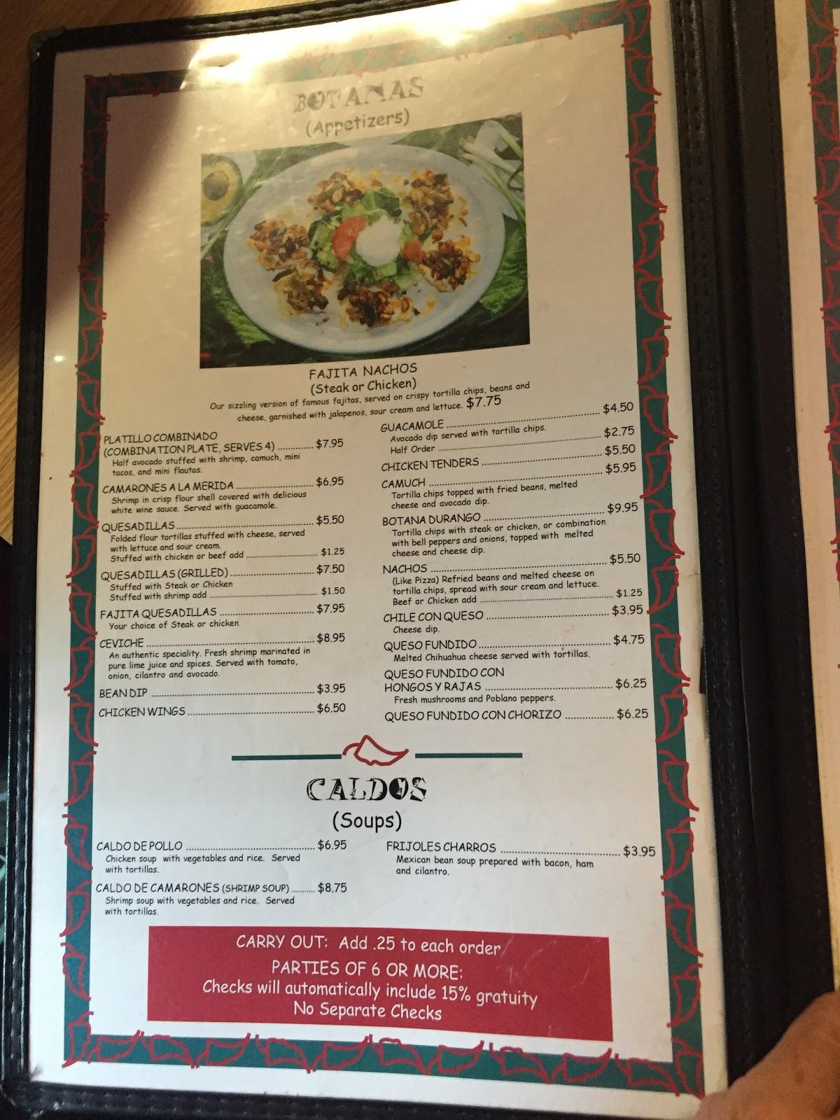 Menu at Durango's restaurant, Lexington