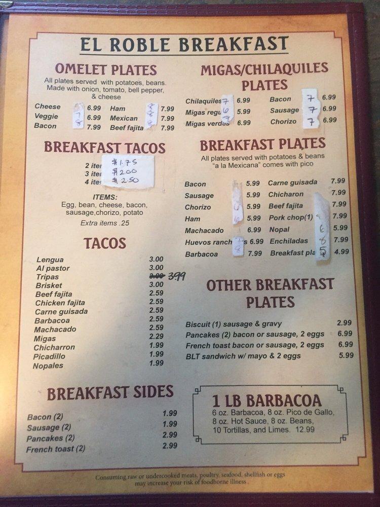 Menu at El Roble restaurant, Kyle, 721 N Old Stagecoach Rd
