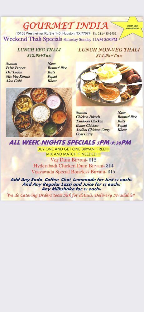 Menu at Gourmet India restaurant, Houston