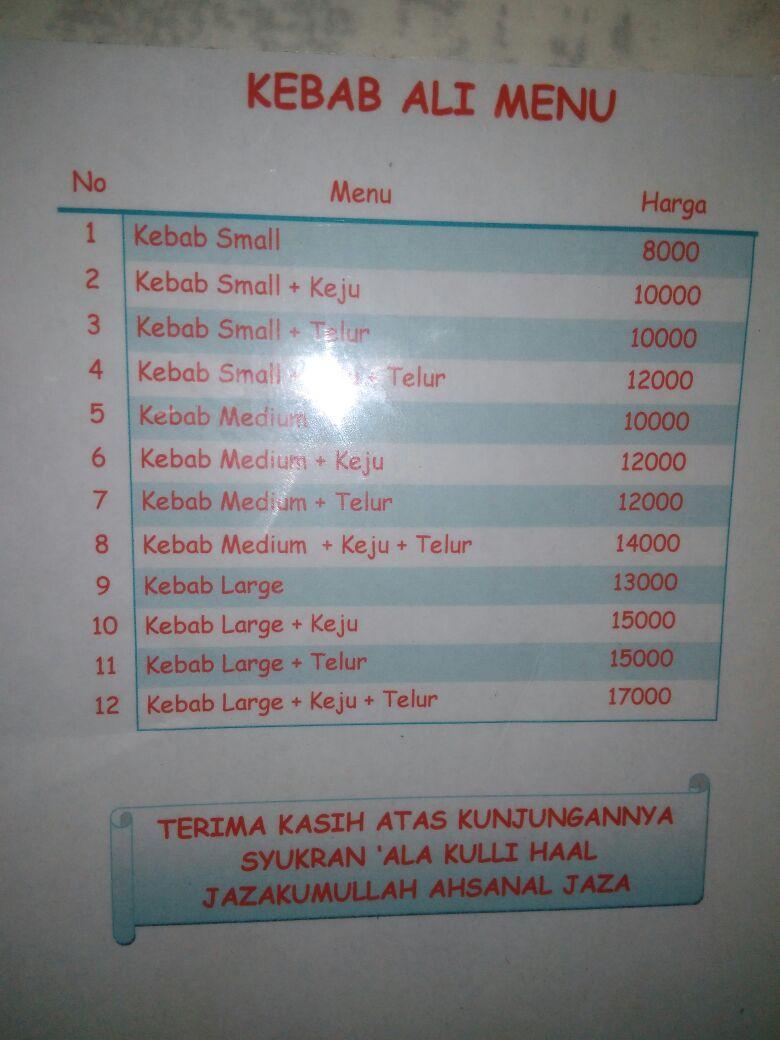 Menu at Kebab Ali cafe, Central Jakarta