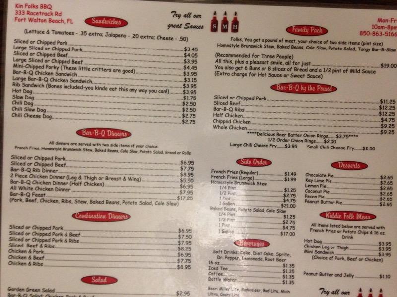 Menu at Kinfolks BBQ Fort Walton Beach, Fort Walton Beach