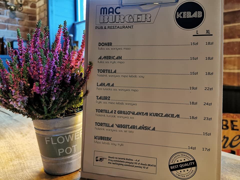 Menu at Mac Burger restaurant, Gubin