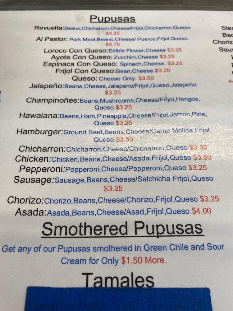 Menu at Mile High Pupusas restaurant, Sheridan