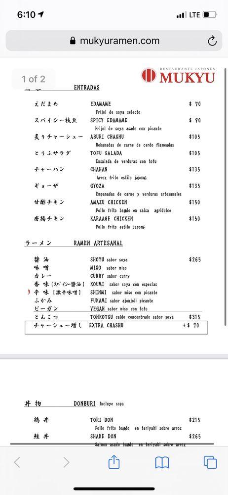 Carta del restaurante Mukyu ramen, Ciudad del México