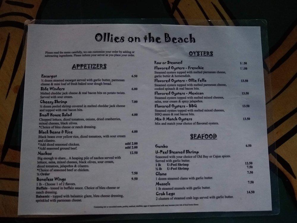 Menu at Ollie's on the Beach pub & bar, Hudson