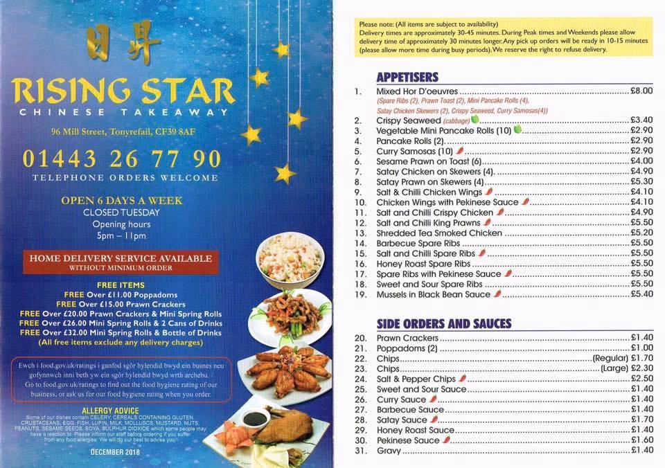 Menu at Rising Star restaurant, Tonypandy