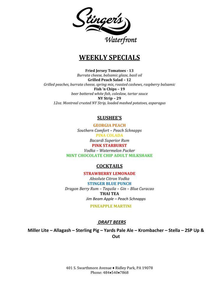 Menu at Stinger's Waterfront pub & bar, Ridley Park