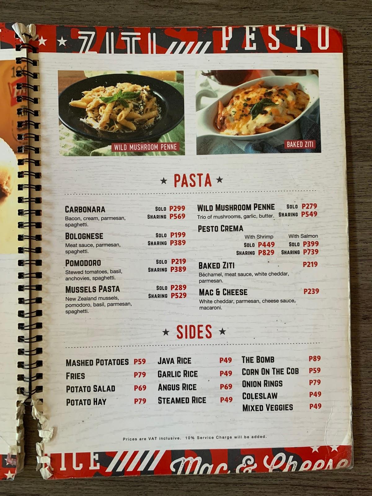 Menu at Tender Bobs restaurant, San Juan