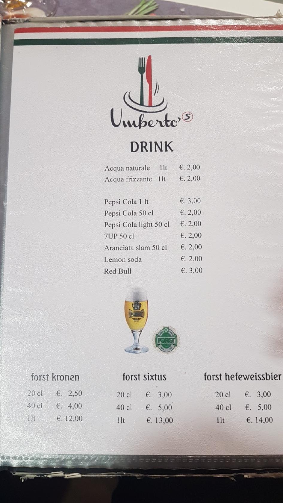 Menu da Umberto's ristorante, Italia