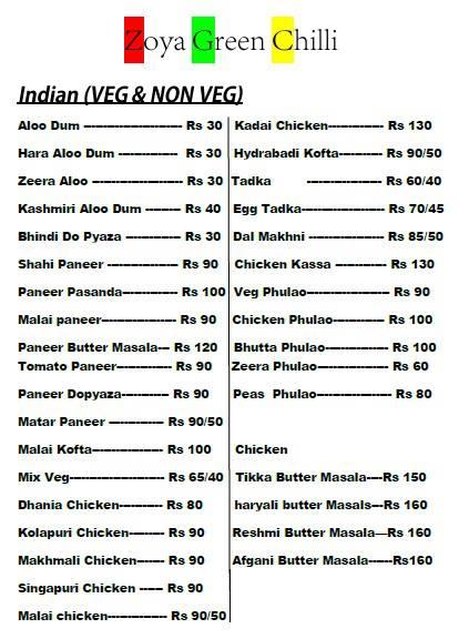 Menu at Zoya Green Chilli, Kolkata
