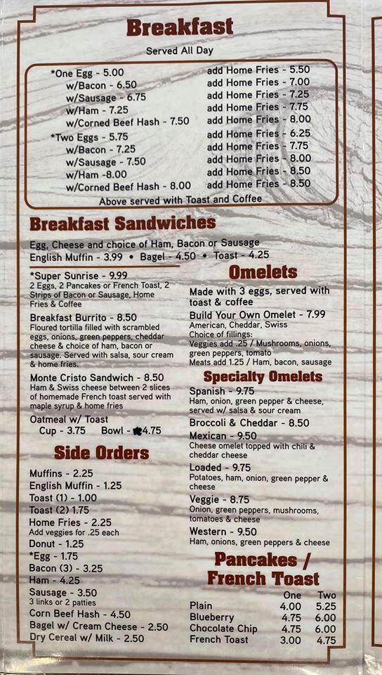Menu at Al's Diner restaurant, Mars Hill