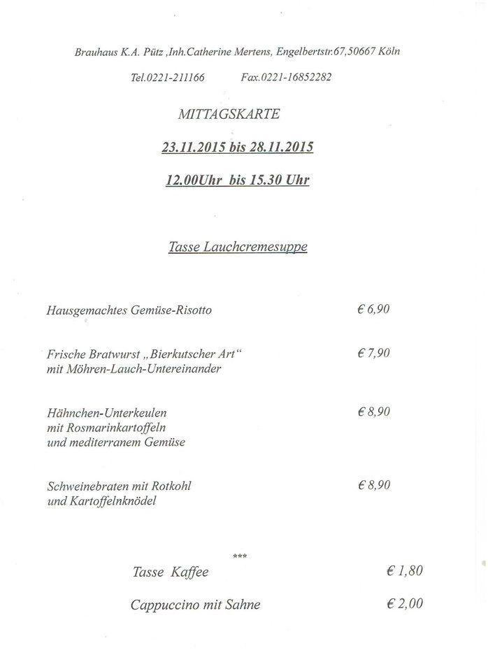 Menu at Brauhaus Pütz pub & bar, Cologne